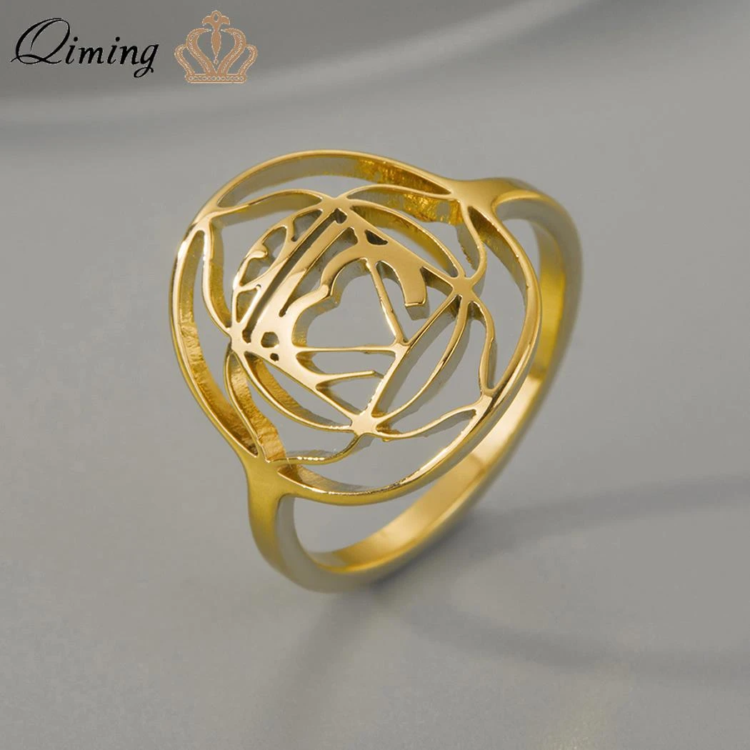 QIMING Stainless Steel Amulet Rings For Women Golden Chakra Mandala Lotus Flower Ring Finger Jewelry