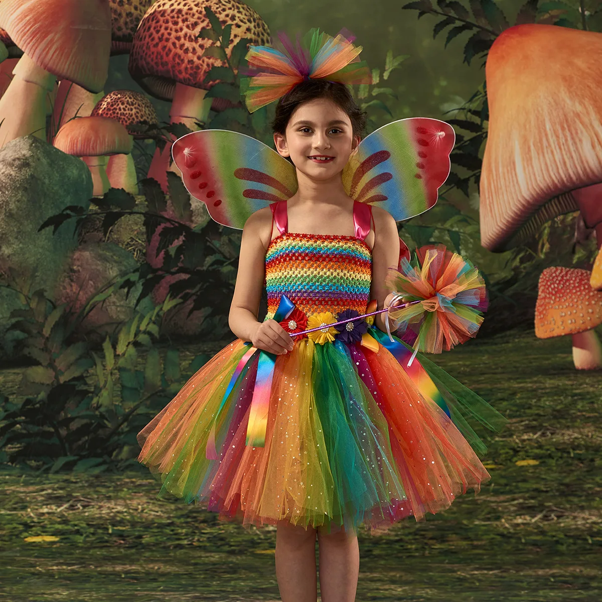 Halloween-Girls-Rainbow-Butterfly-Fairy-Princess-Dress-Sequin-Mesh-Elf ...
