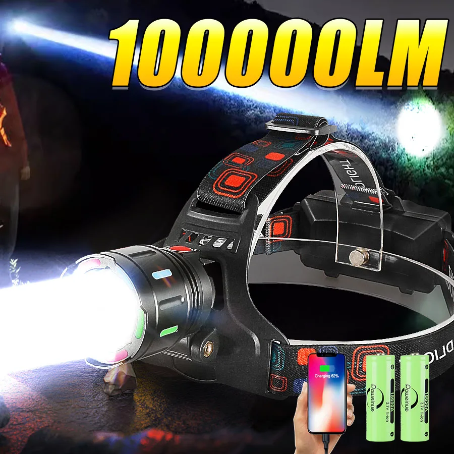 100000LM-High-Power-LED-Rechargeable-Head-Flashlight-18650-Front-Led ...