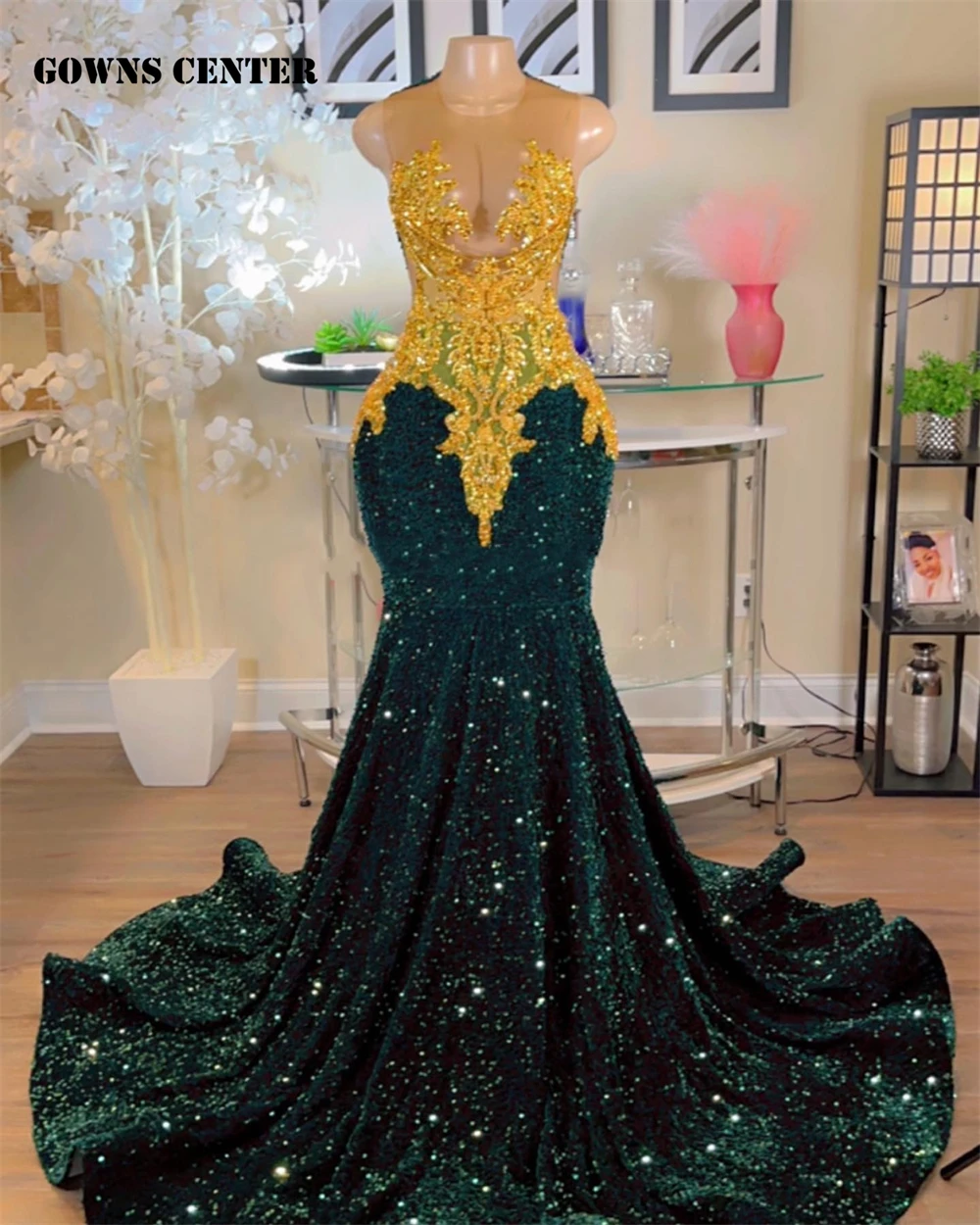 Green and gold dress store