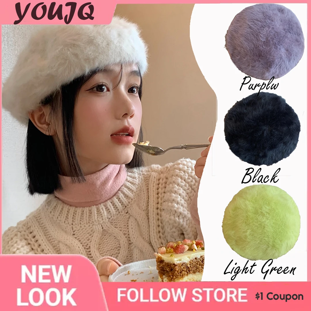 Y2K Rabbit Fur Beret Hat Female Autumn Winter Warm Candy Color All ...