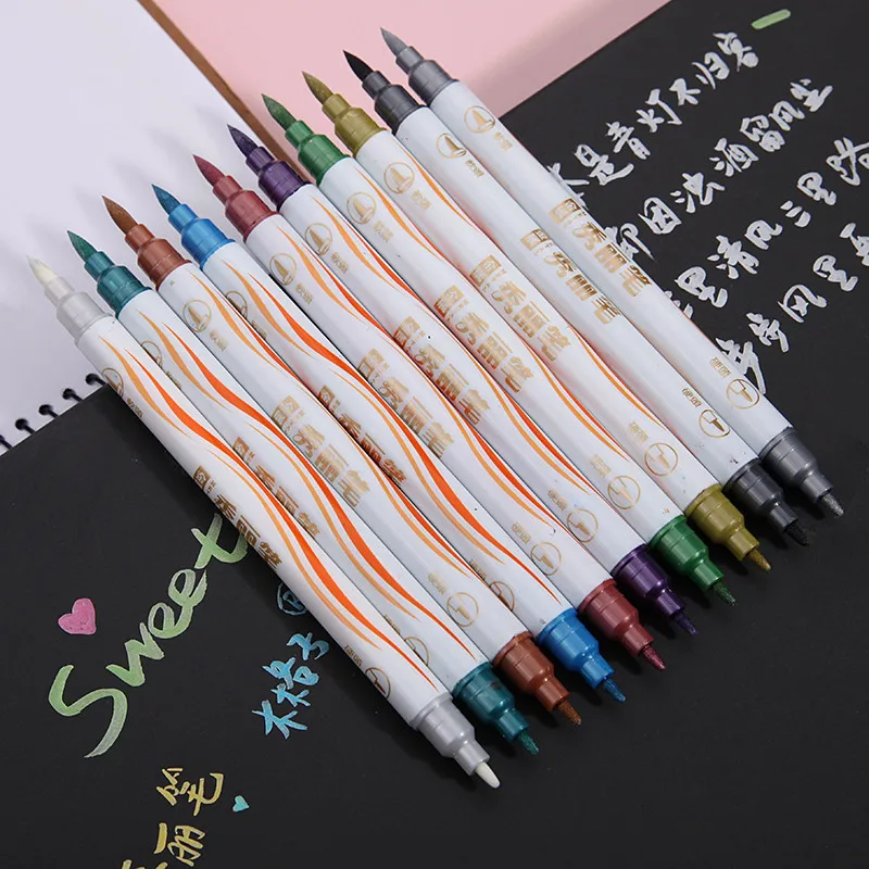 10 Colors/Set Fine Point Brush Metallic Marker Pens Double Tip Markers ...