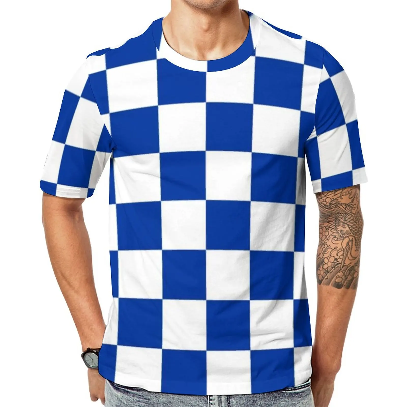 Blue And White Checkerboard T Shirt Man Vintage Checker Print ...
