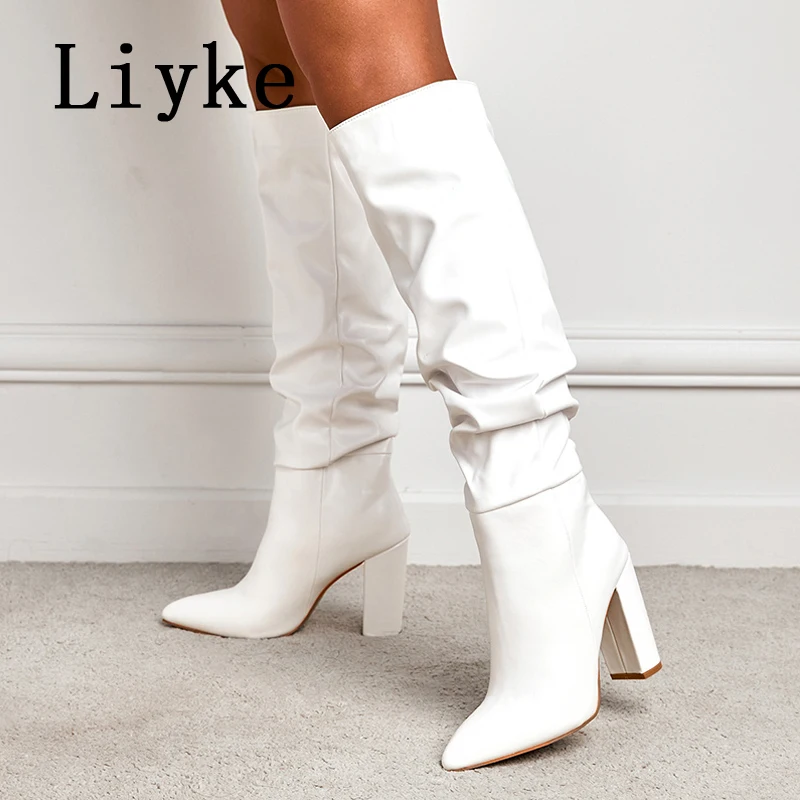 Liyke Size 35-42 White Pleated Leather Long Boots Women Autumn Winter ...