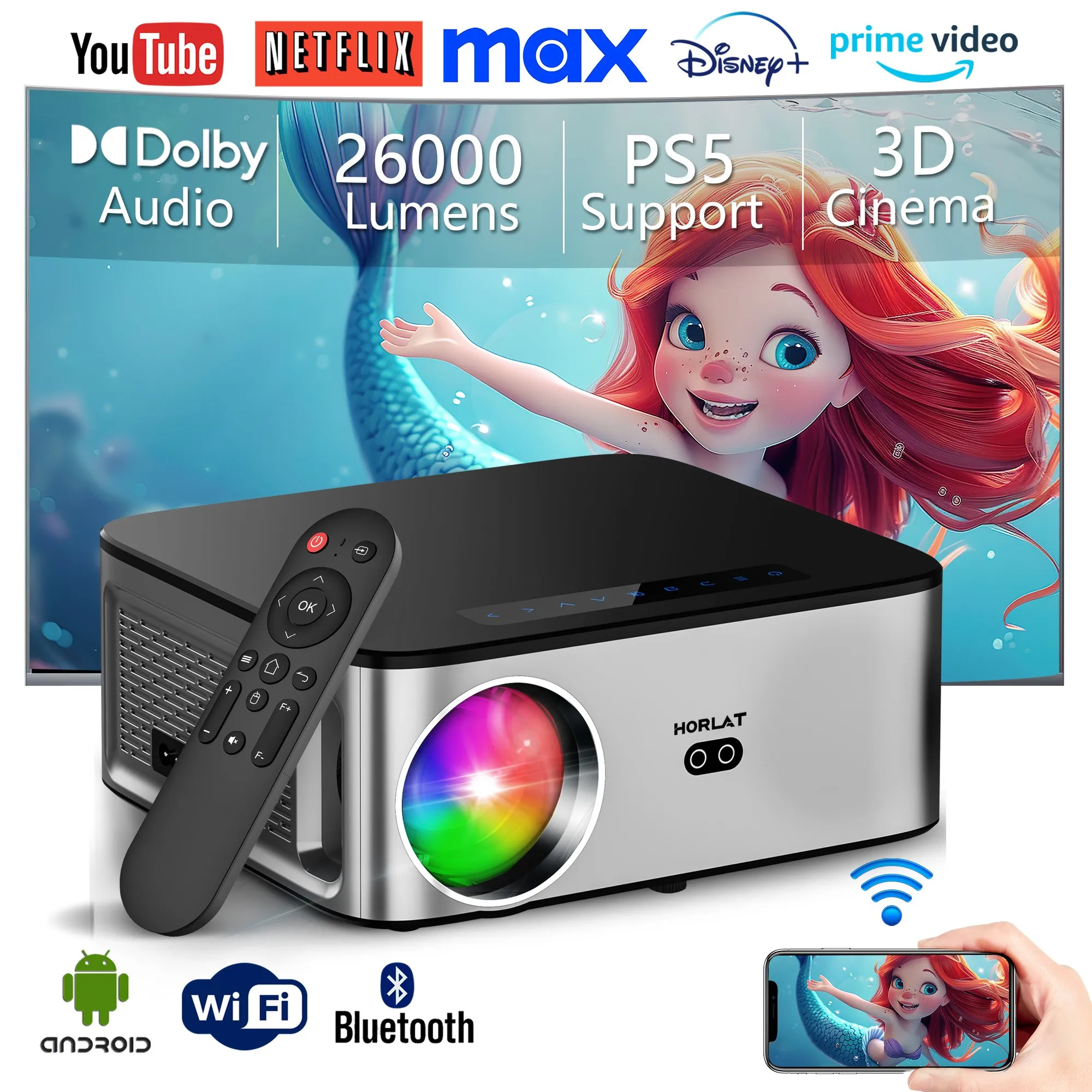 HORLAT 4K Projector with WiFi 6 and Bluetooth 5.0 800ANSI Auto focus 6D ...