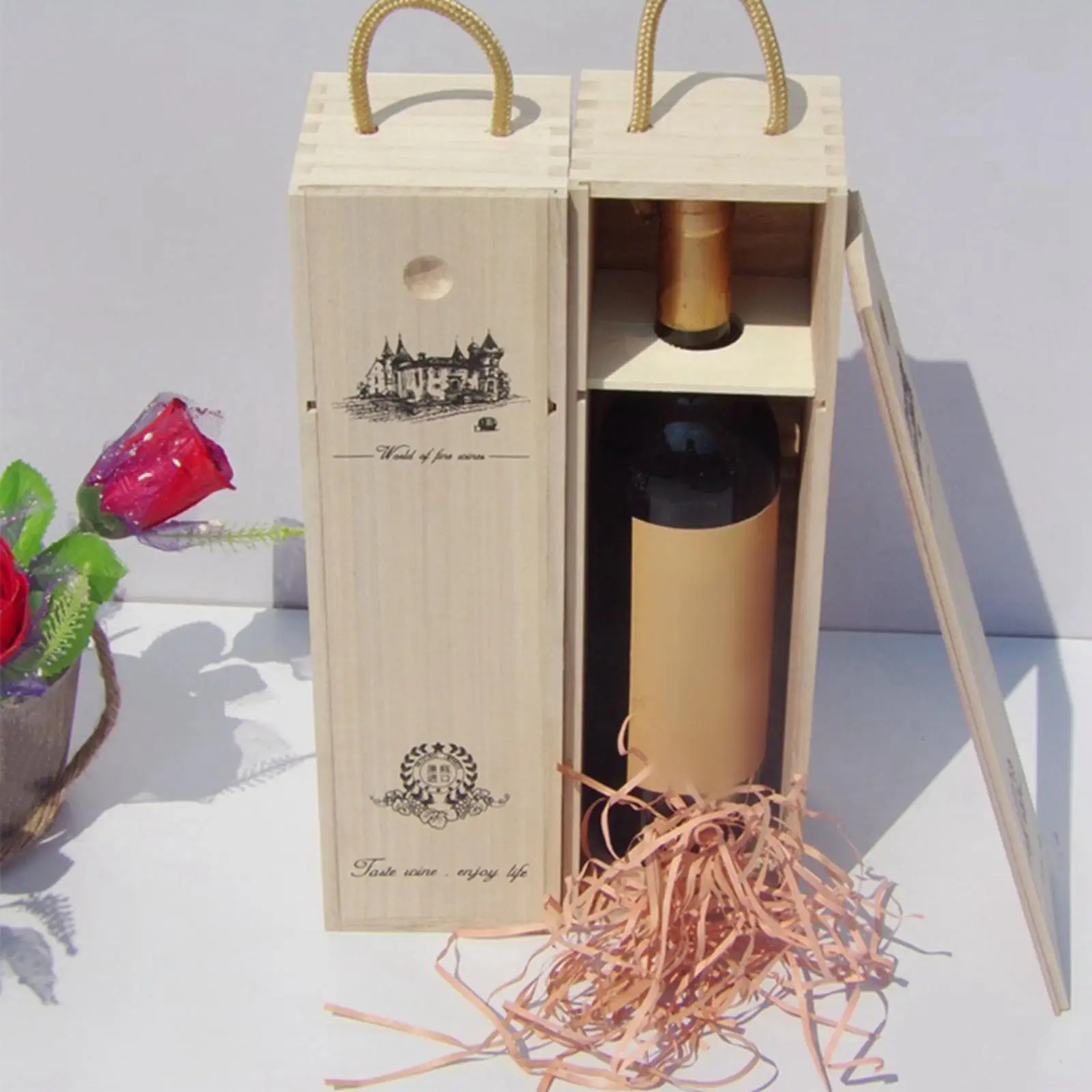 Wooden Wine Box w/ Handle Wooden Packaging Box with Lid Single Bottle ...