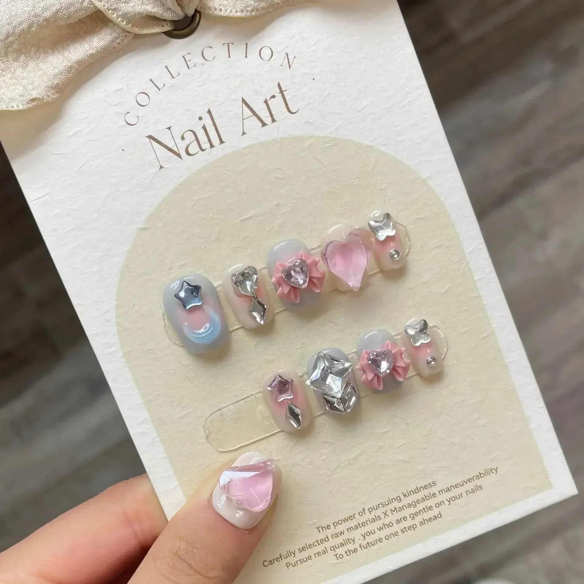 10Pcs-Handmade-Cute-Press-on-Nails-Short-Korean-Fake-Nails-With-3D-Star ...