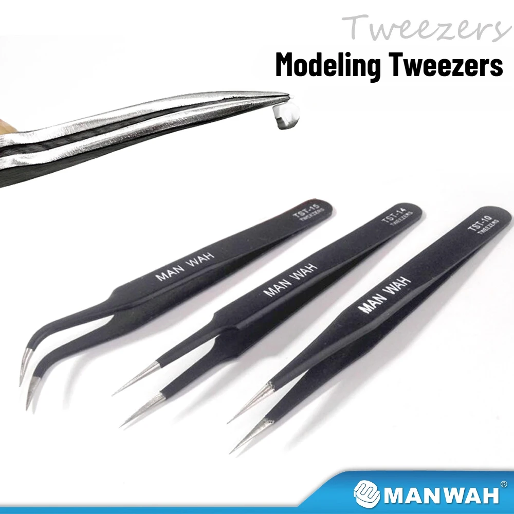 MANWAH Precision Stainless Steel Tweezers (Straight / Angled / Flat Tip ...