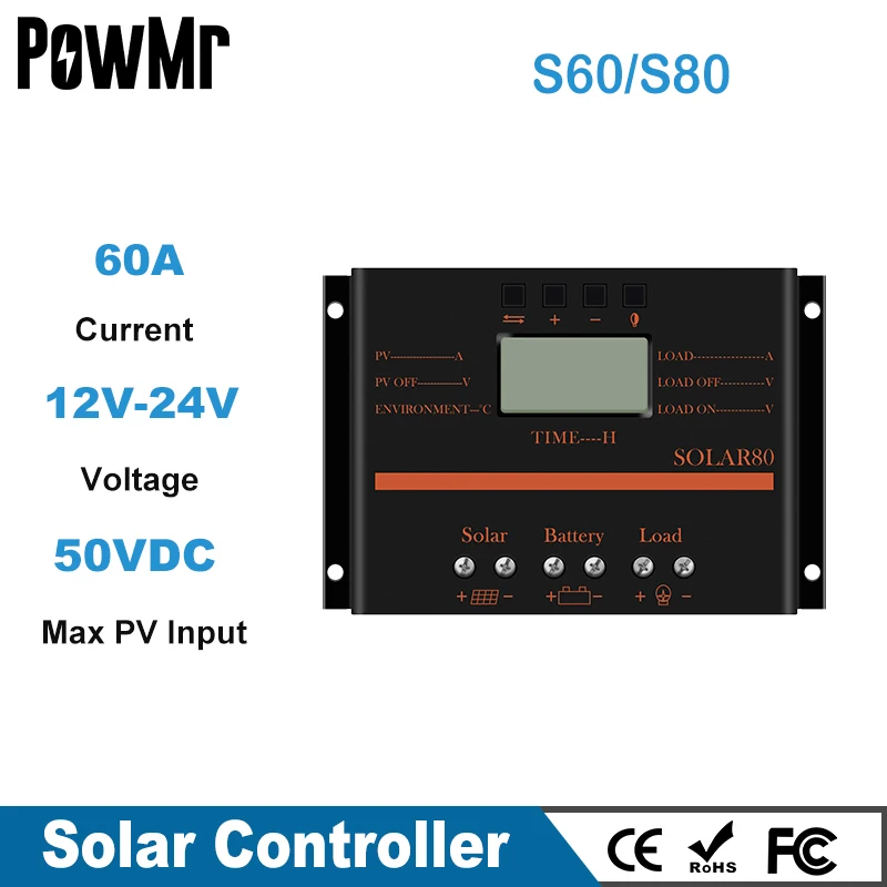 Powmr pwm 80a 60a controlador de carga solar 12v 24v regulador de ...