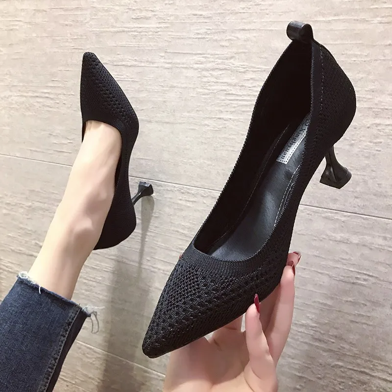 Ol Office Lady Shoes High Heels Knit Stretch Fabric Pumps Women Dress ...