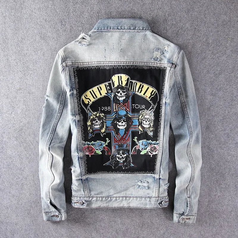 Harajuku Mens jackets Casual rocker GNR Stamp Washed destroy fades ...