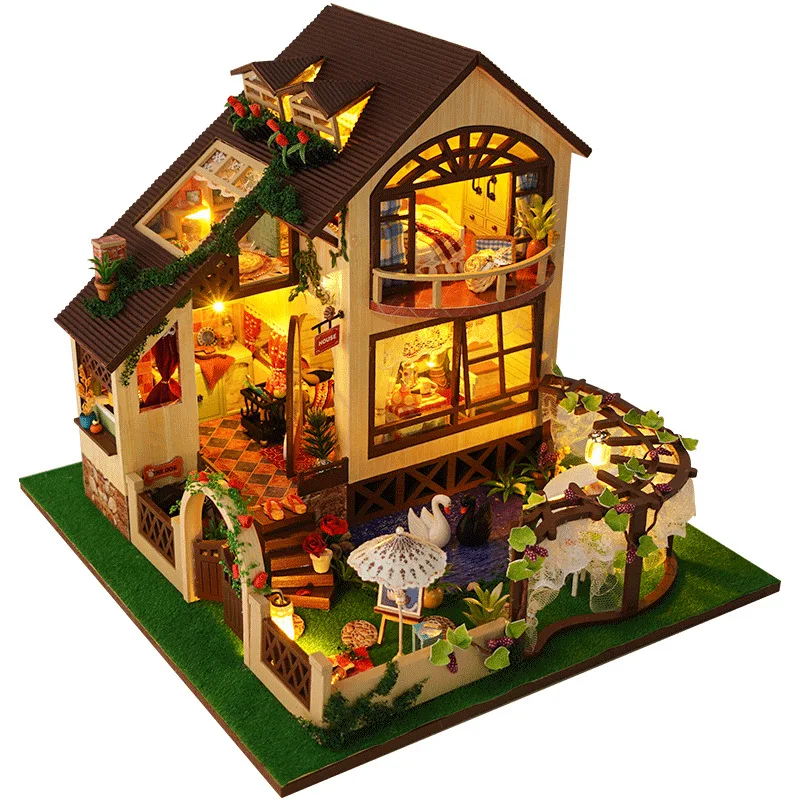 Wooden Doll House Model Kits Miniature With Furniture Led Lights Large ...