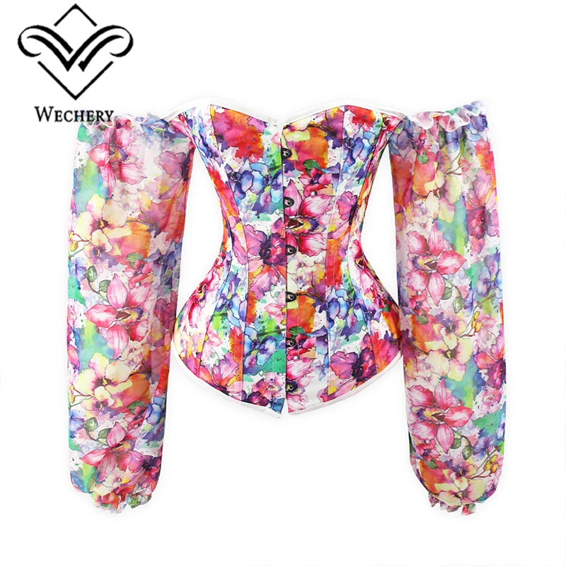 Wechery Floral Pink Corset Top for Women Off the Shoulder Long Sleeve ...