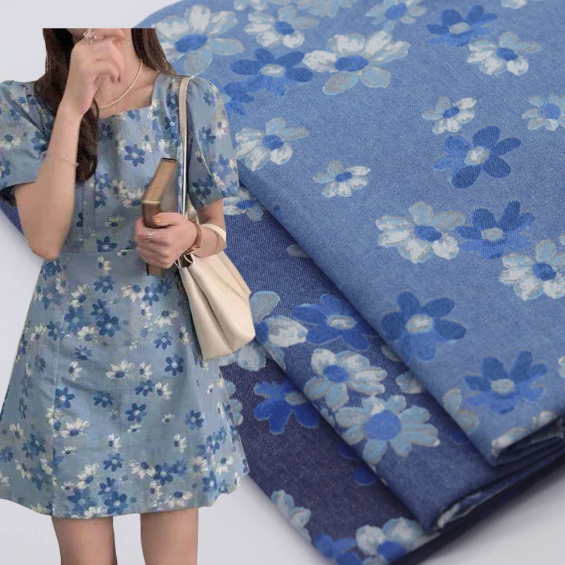 Printed-Denim-Fabric-Washed-Cotton-By-The-Meter-for-Clothes-Dresses ...