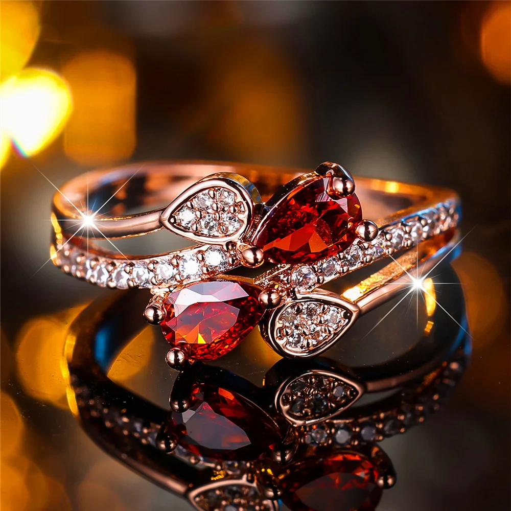 Luxury-Female-Red-Stone-Water-Drop-Finger-Ring-Vintage-Rose-Gold-Color ...