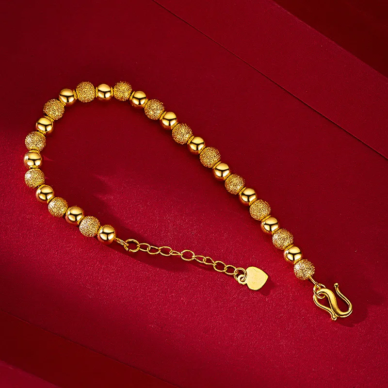 Real-18K-Gold-6mm-Round-Bead-Chain-Bracelet-Pure-Adjustable-Classic ...