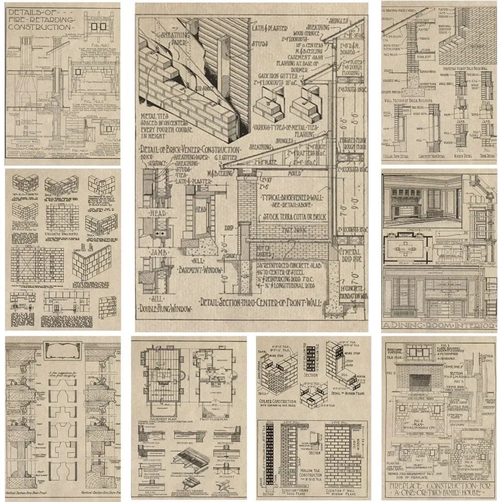 Vintage-Architecture-Drawings-Poster-Paper-Print-Home-Living-Room ...