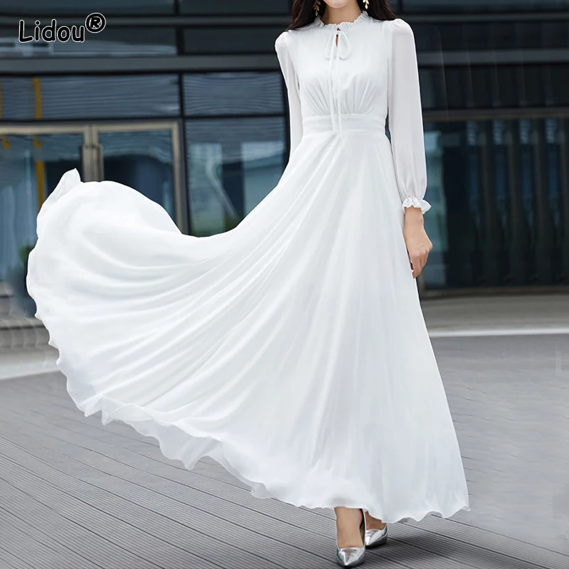 Elegant-Casual-O-neck-Long-Sleeve-White-Slender-Dresses-Spring-Autumn ...