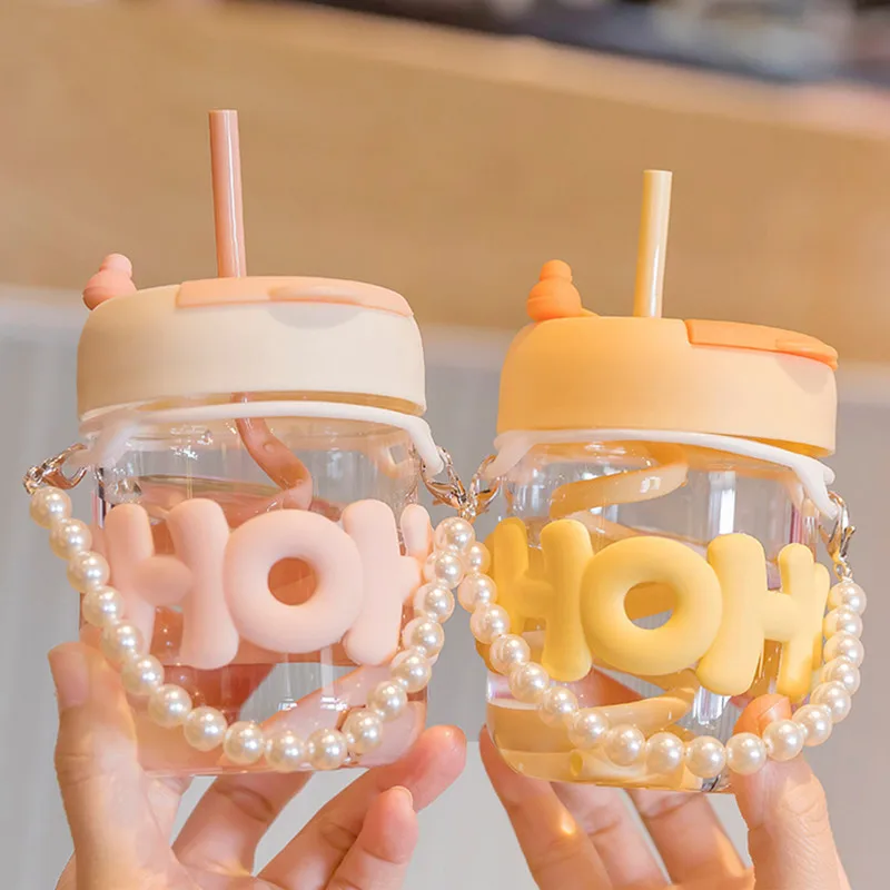 Glass high value water cup student cute girly cup with straw ...