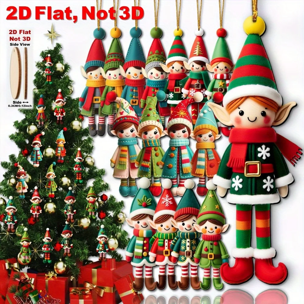 16 Uds Navidad de madera lindo elfo verde 2D colgante plano de madera ...