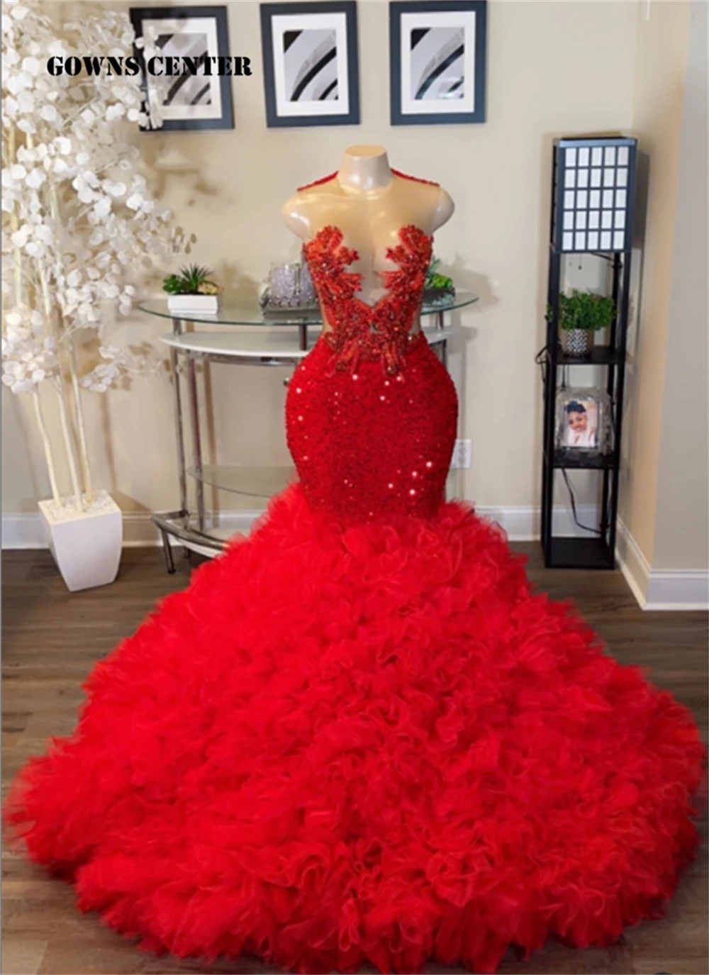 Designer-Red-Beaded-Crystal-Tulle-Ruched-Train-Prom-Dresses-For-Black ...