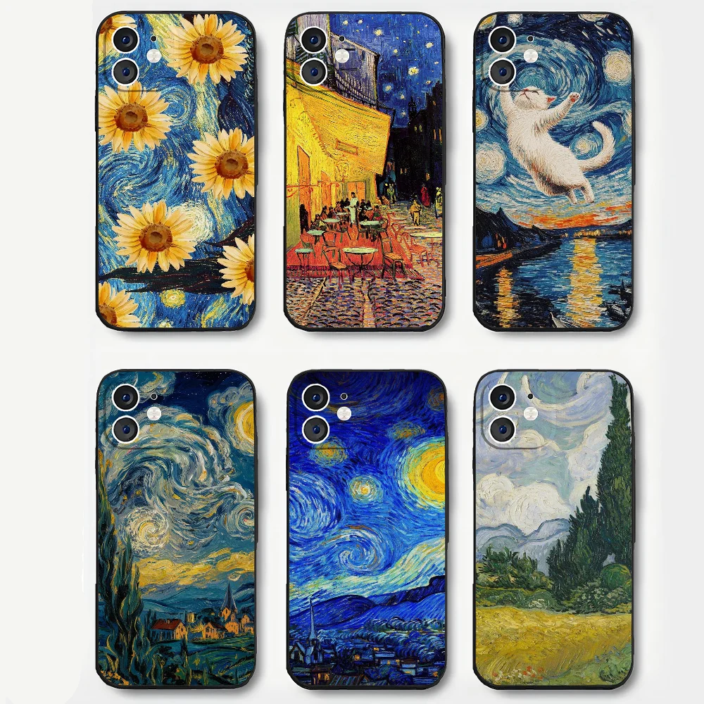Van Gogh Art Starry Night Cat Phone Case Silicone Soft For IPhone 16 15 ...