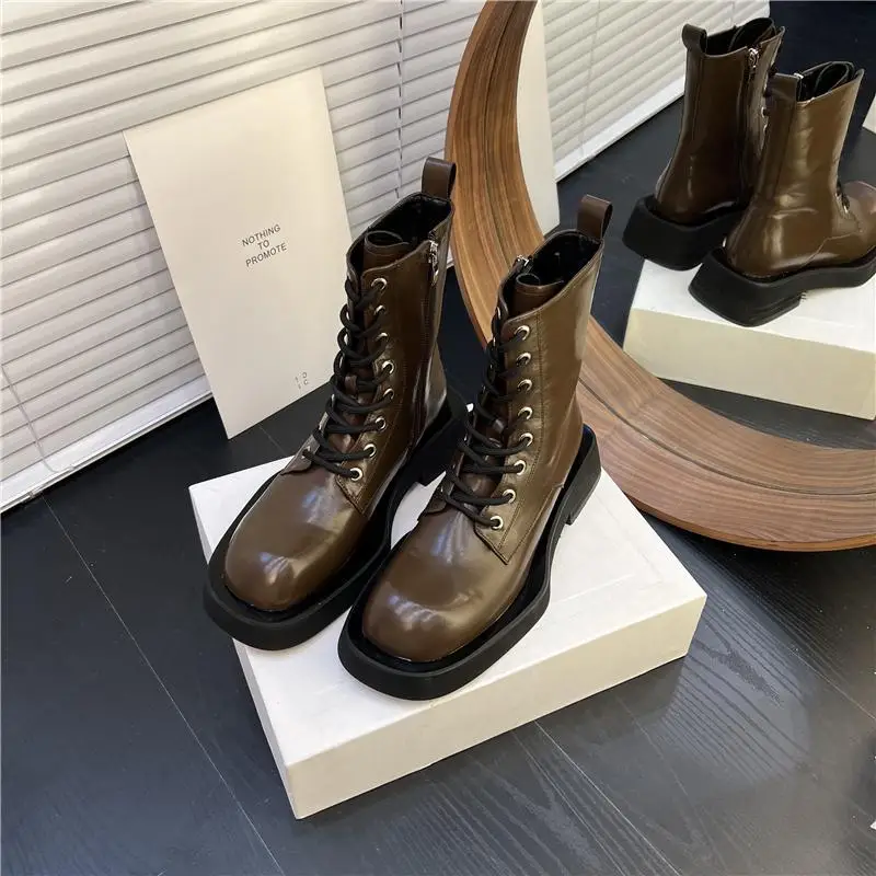 Thick-soled-Mid-heel-Motorcycle-Boots-Square-Toe-Short-Lace-Up-Low-top ...