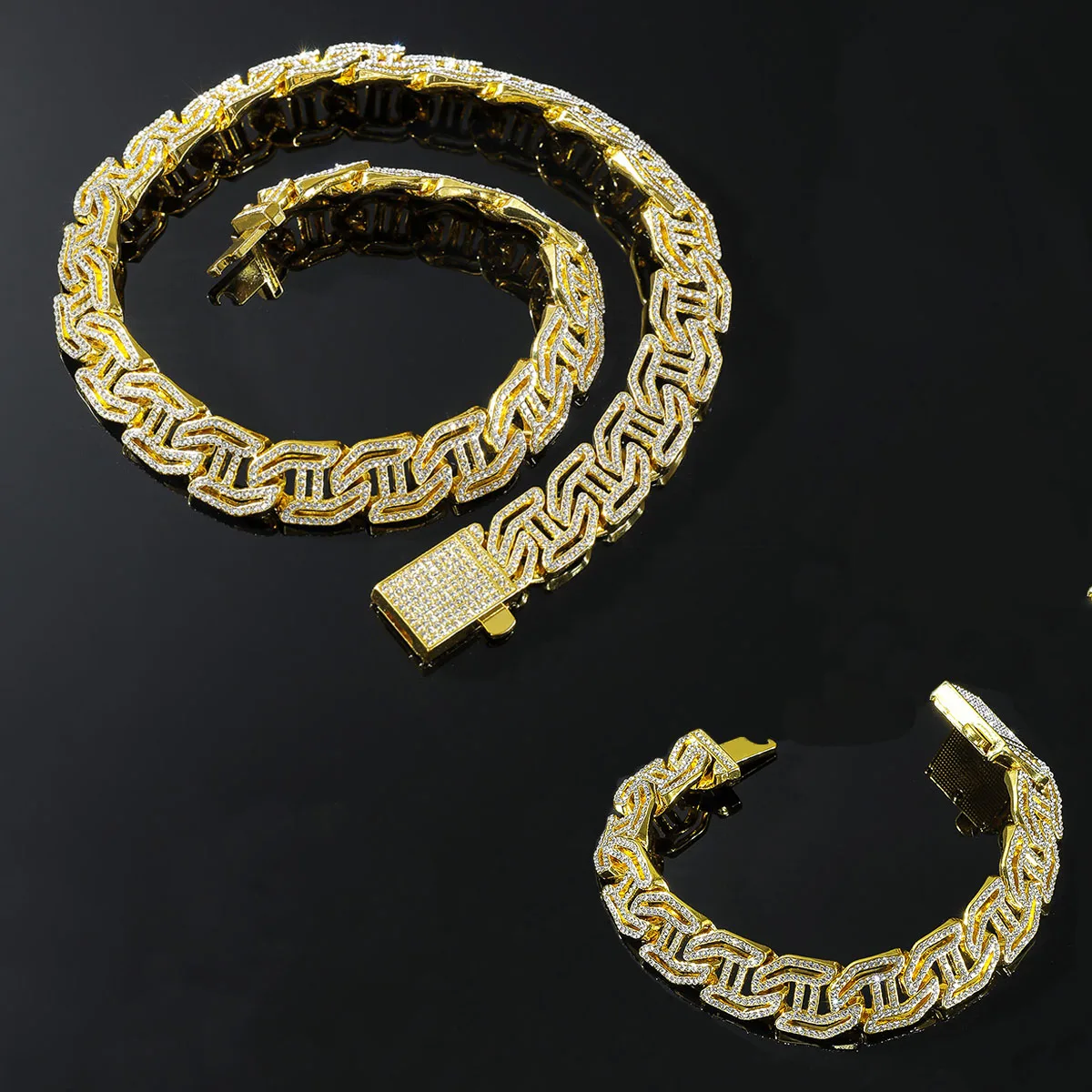 Iced-Out-Hip-Hop-CZ-Bling-Rapper-Men-Women-16mm-H-Shape-2pcs-Set ...