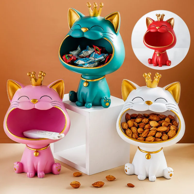 Cartoon-Lucky-Cat-Statue-Sculpture-Fortune-Cat-Storage-Tray-Big-Mouth ...