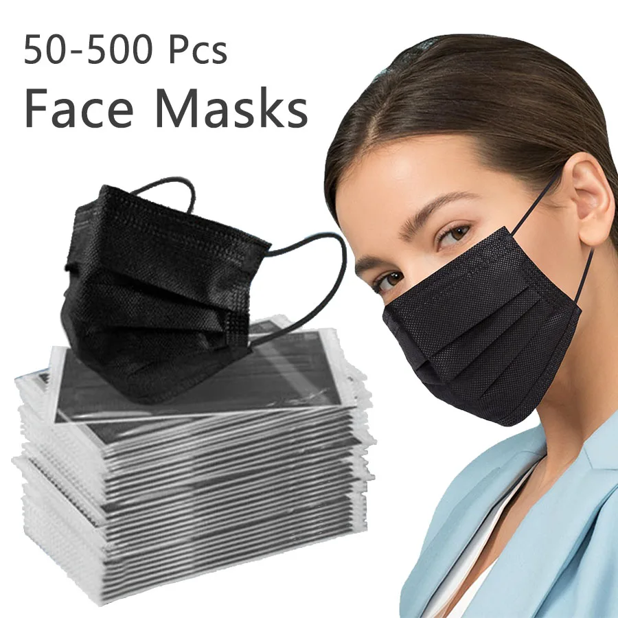 50-500Pcs Black Disposable Face Masks 3-layer Protection Masks ...