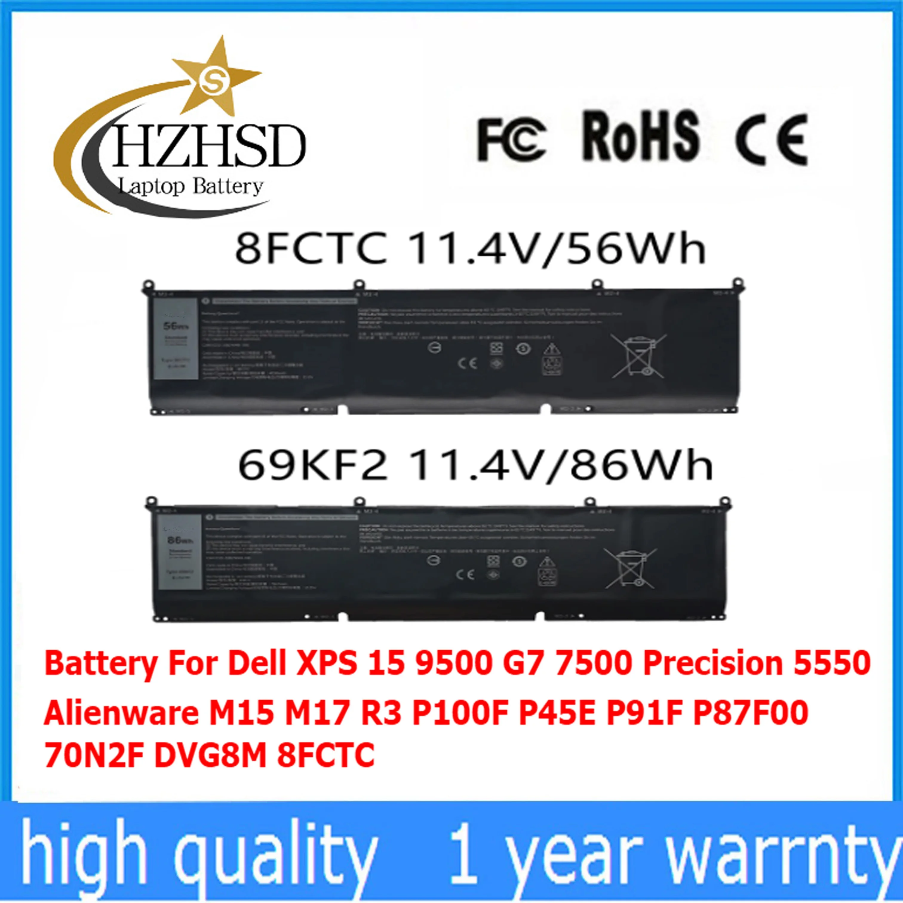 69KF2 86WH 8FCTC 56WH Original Battery For Dell XPS 15 9500 G7 7500 ...