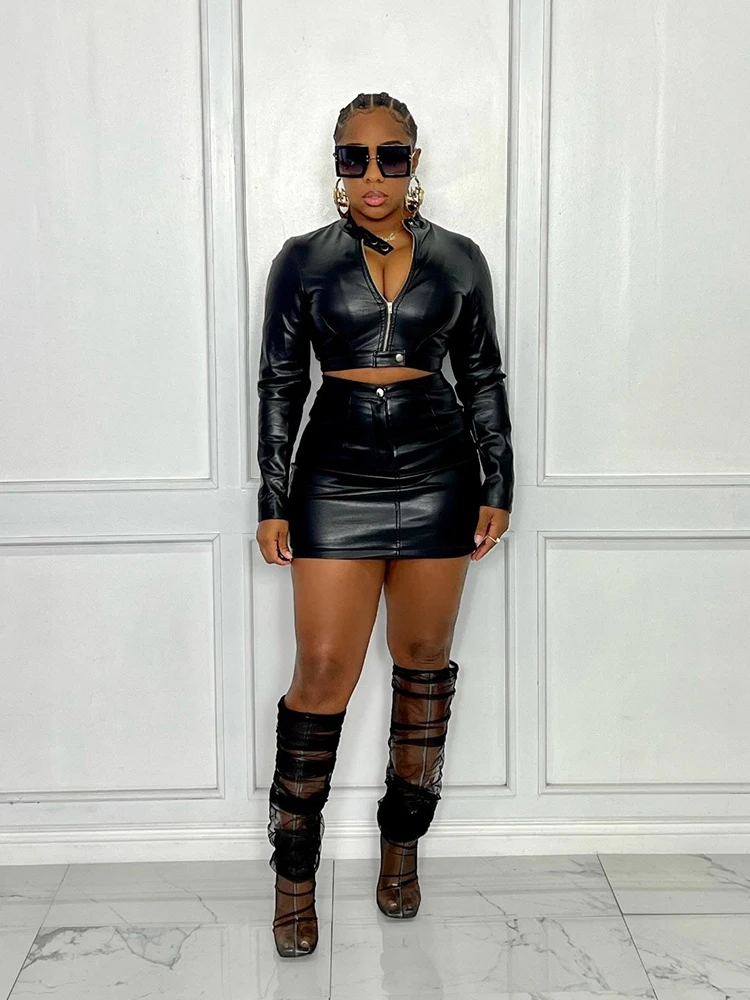 Two Piece Set for Women Night Club Outfits Long Sleeved Top and Leather ...