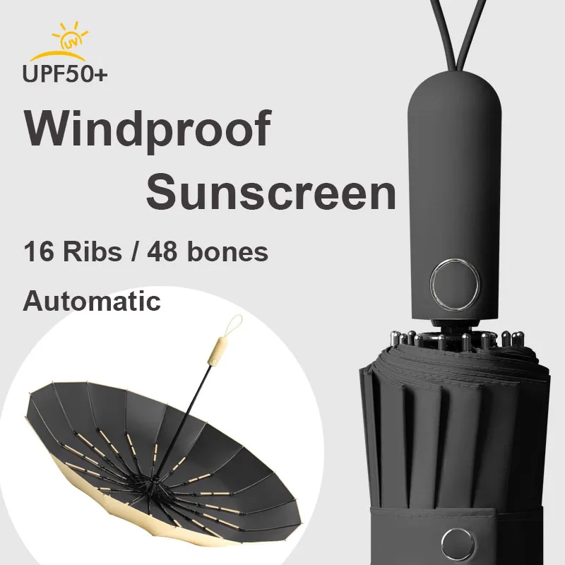 Anti-UV Sunproof 16 Ribs/48 Bone Large Strong Automatic Umbrella Rain ...