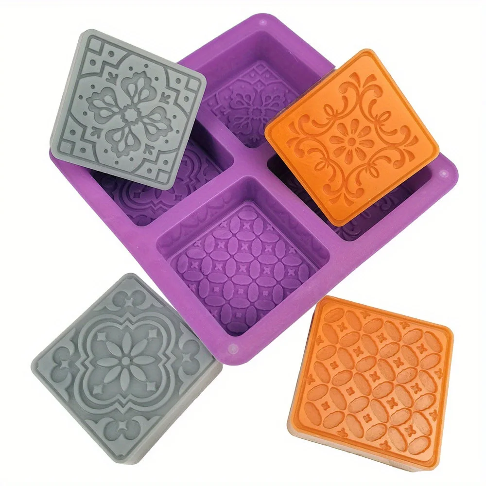 4-Cavity-Square-Soap-Mold-with-Floral-Designs-Silicone-Soap-Making ...