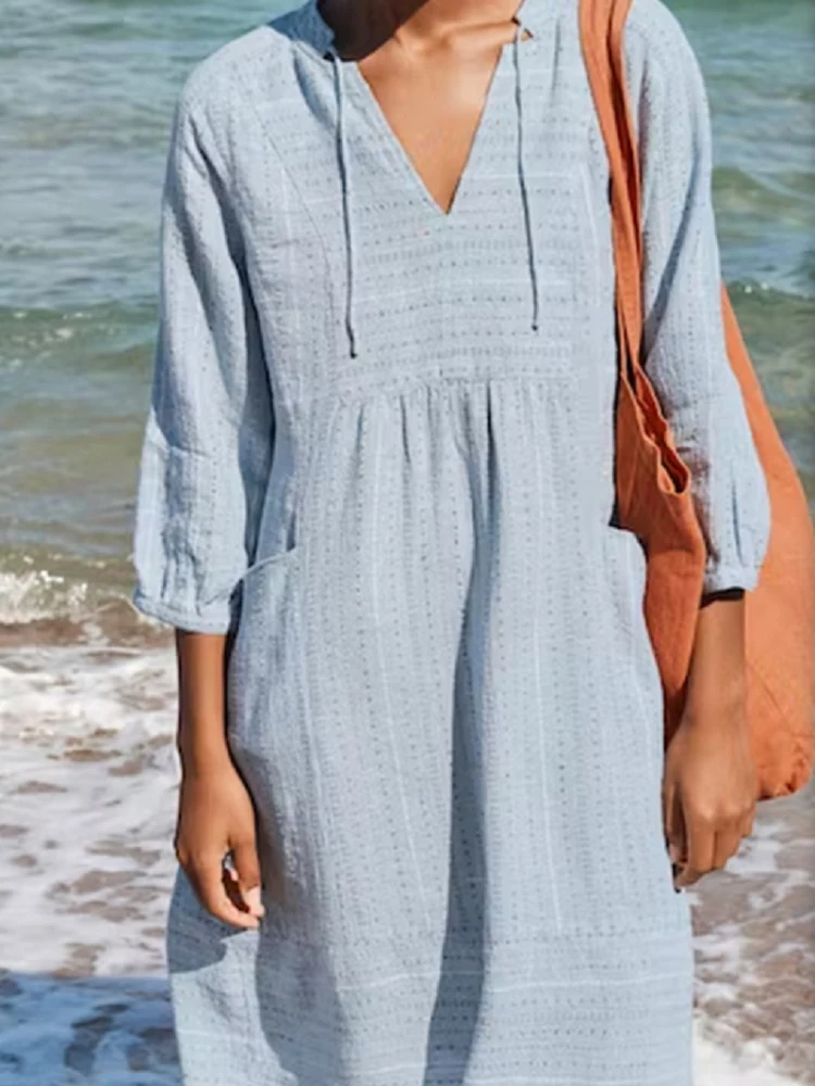 Summer-Halter-Beach-Dress-Women-Solid-Color-Three-Quater-Sleeve-V-neck ...