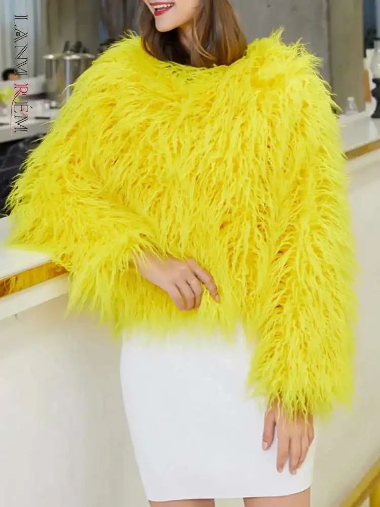 LANMREM Fashion Imitation Fur Coat Women's O-neck Long Sleeves Bright ...