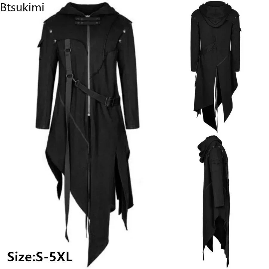 New 2026 Men's Punk Style Irregular Trench Coats Black Gothic Long ...