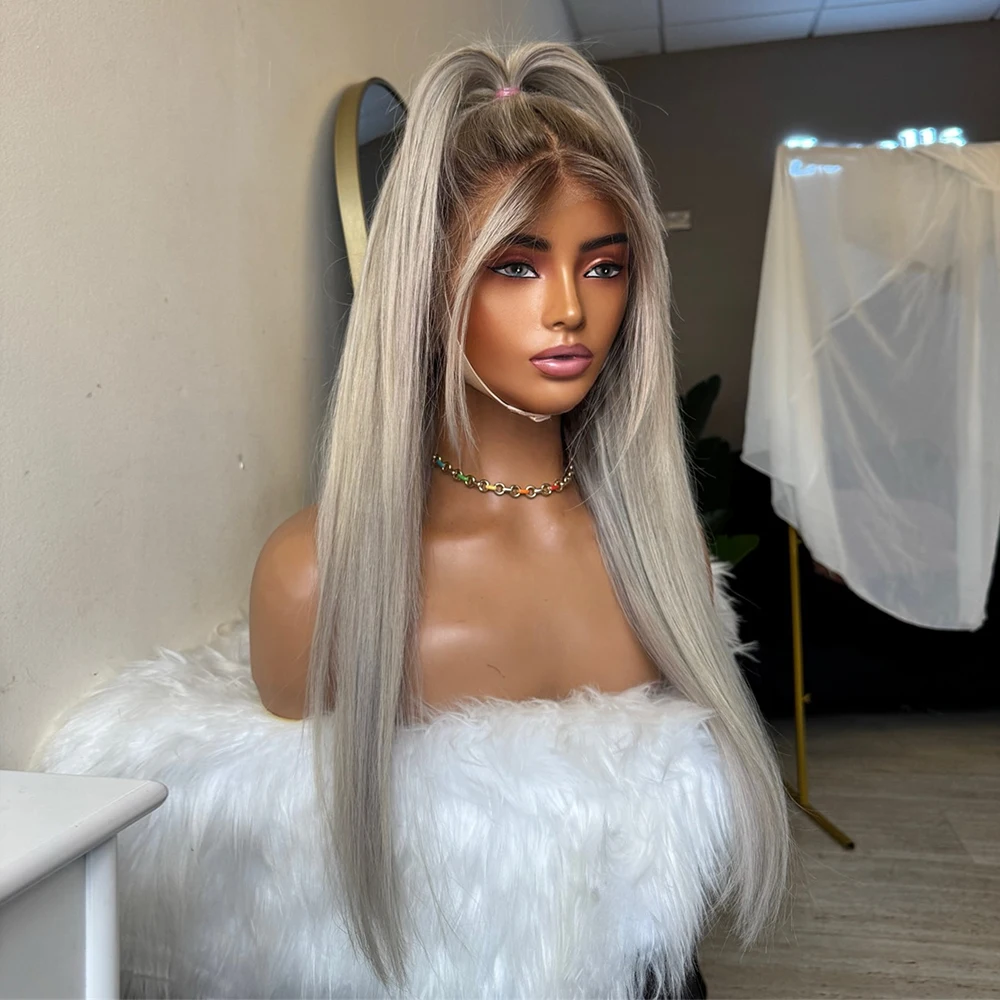 Long Straight Layered Lace Front Wigs Dark Roots Ash Blonde Glueless ...