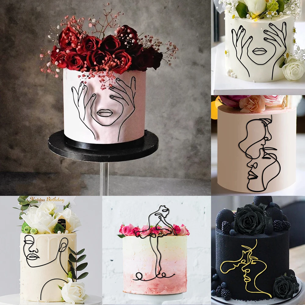 1pc-Minimalist-Art-Lady-Face-Cake-Topper-Acrylic-Birthday-Gold-Black ...