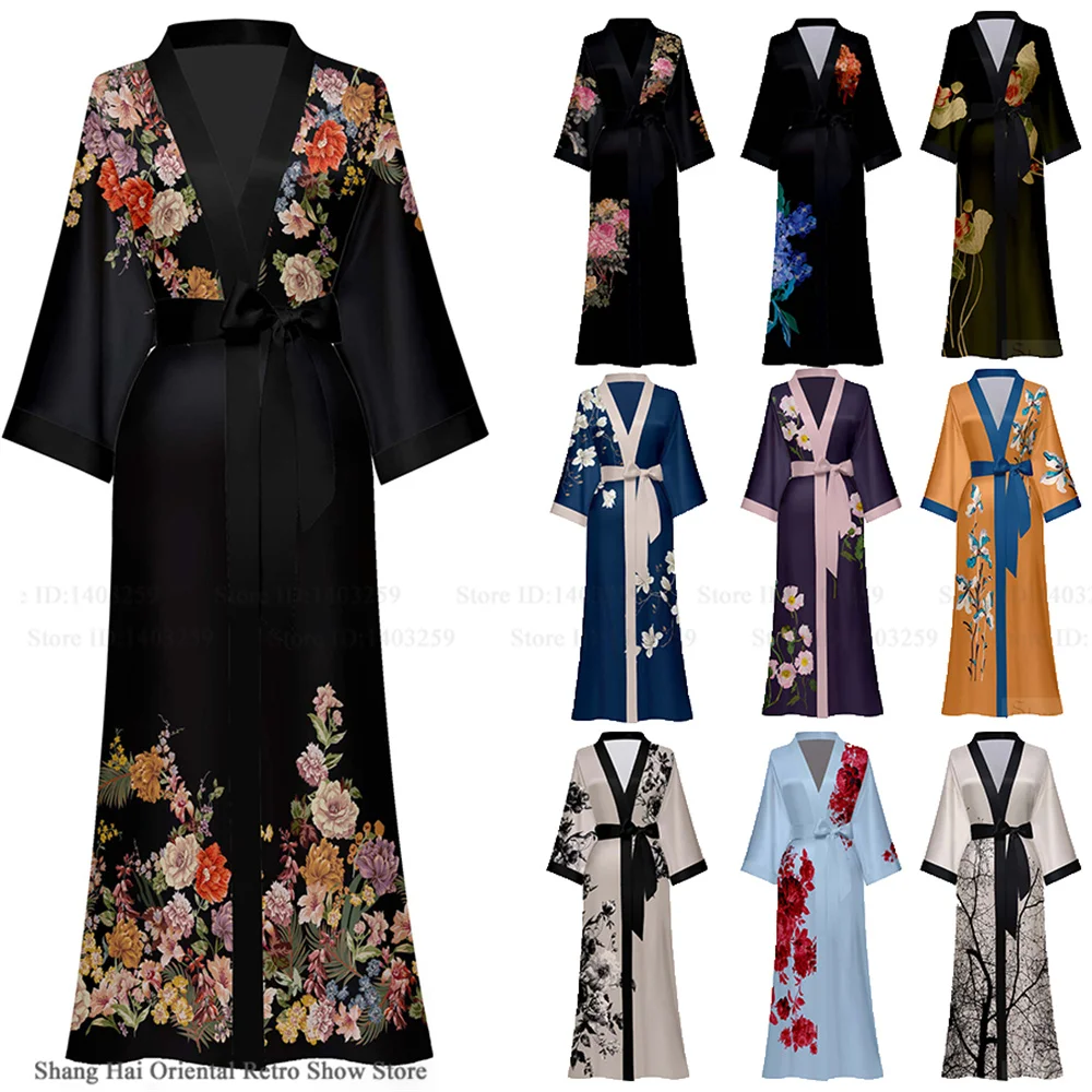 Plus Size Female Long Robe Kimono Bathrobe Gown Spring Autumn Print ...