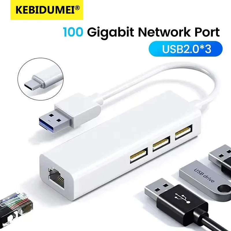 USB Type C to RJ45 Lan Network Card 4 in 1 USB2.0 Ethernet Card Hub ...