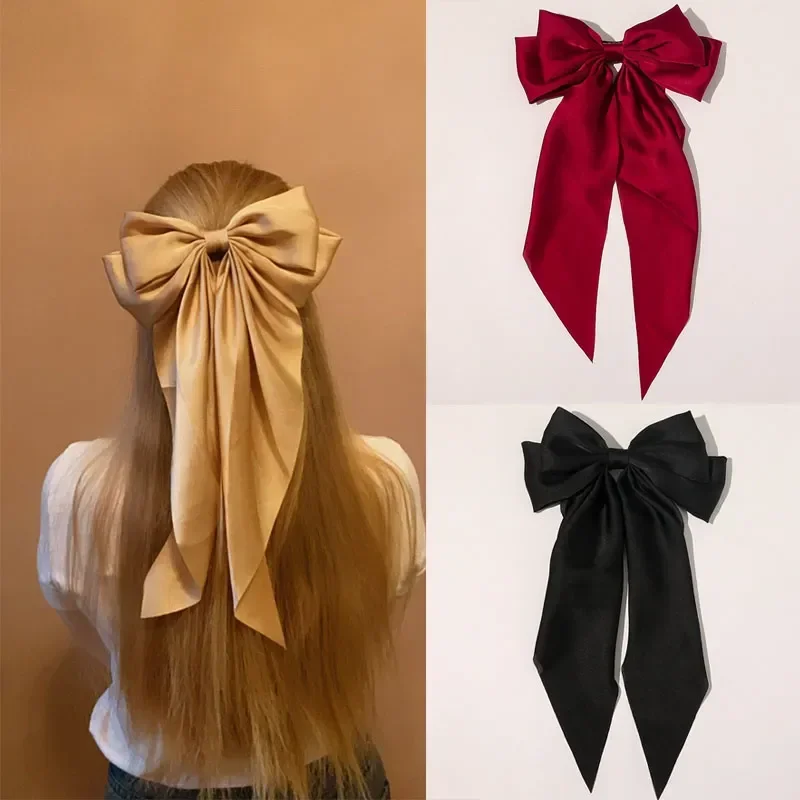 Elegant-Bow-Long-Ribbon-Hair-Clip-Simple-Solid-Satin-Spring-Clip ...