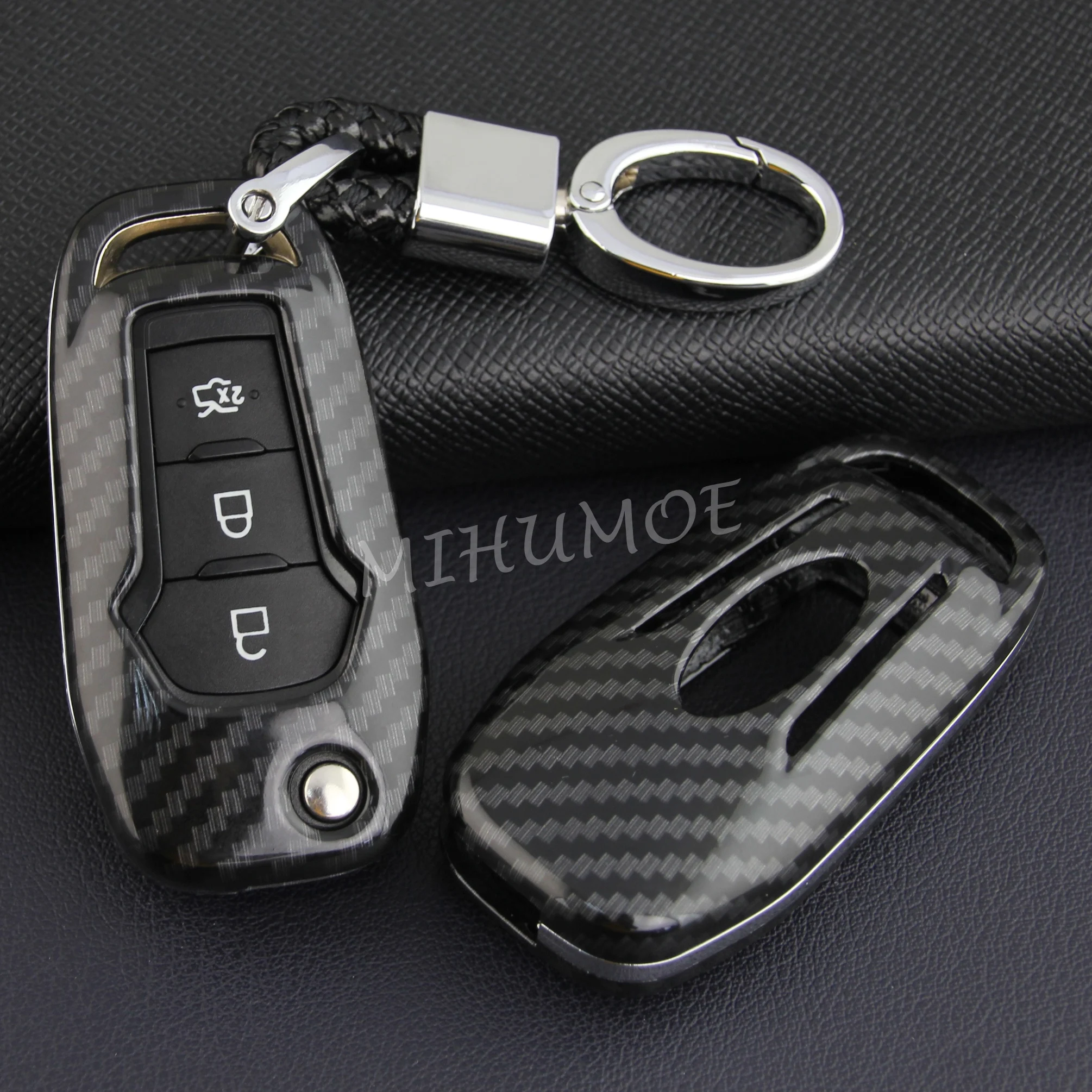 Carbon Fiber Car Flip Key Fob Cover Case Chain For Ford F-150 F-250 F ...
