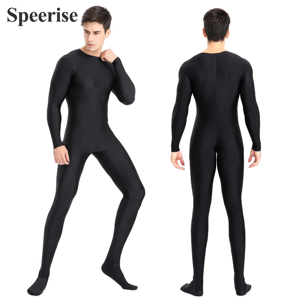 Men Black Spandex Zentai Long Sleeve Halloween Cosplay Unitard Footer ...