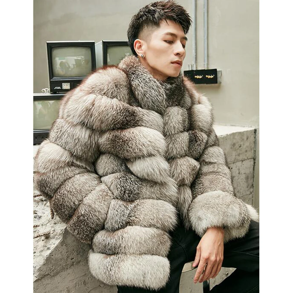 Denny&Dora Mens Fox Fur Coat Fashion Fox Fur Coat Mens Fur Jacket Short ...