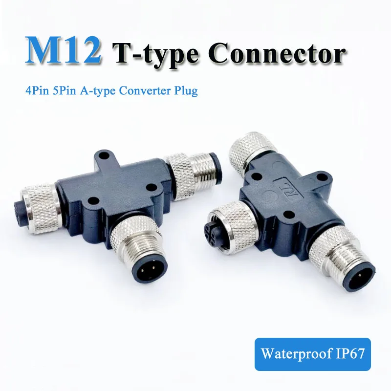 M12 T-shaped 3-way Waterproof Connector 4 5 Pin 1 to 2 Male Female Plug ...