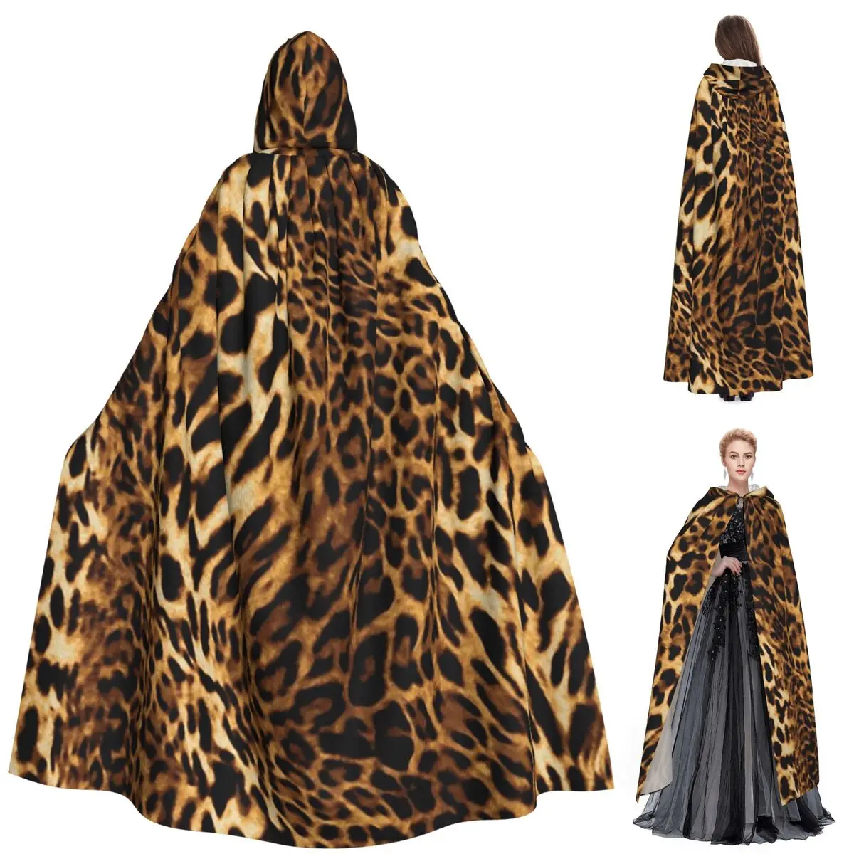 Leopard Skin Long Hooded Cloak Witch Medieval Costume Cosplay Cape ...