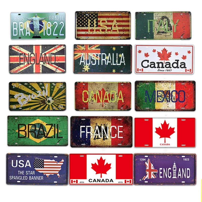 Canada-Australia-UK-US-National-Flag-Tin-Sign-Shabby-Retro-Car-Plate ...