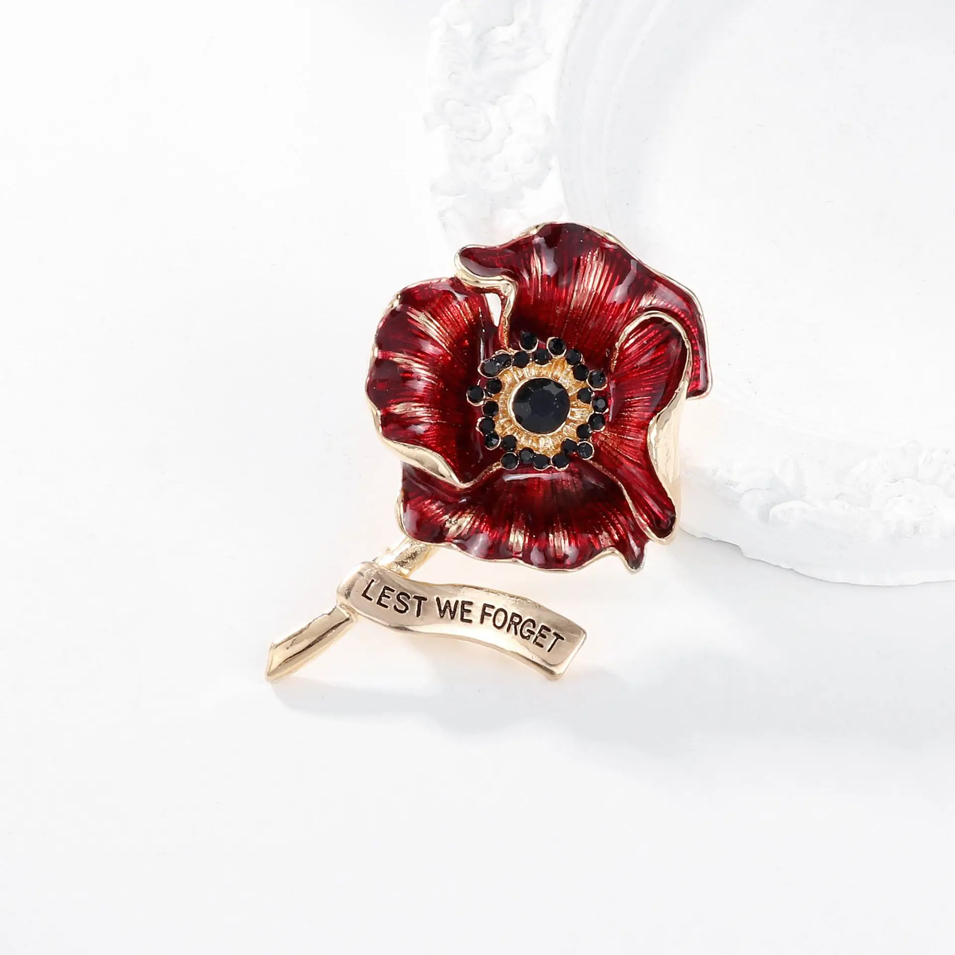 Red-rhinestone-poppy-commemorative-metal-brooch-plant-flower-pin ...