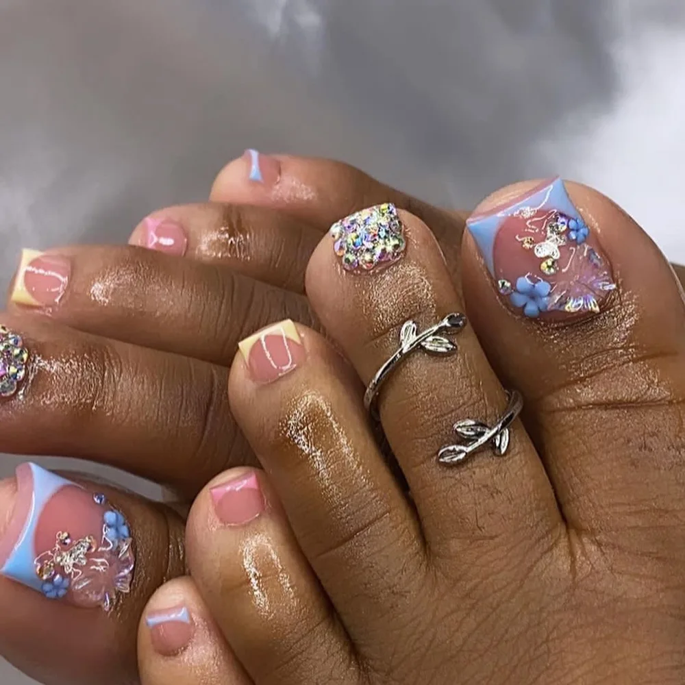 24pcs-Clear-Butterfly-False-Toe-Nails-Crystal-Blue-Flower-Design-Fake ...